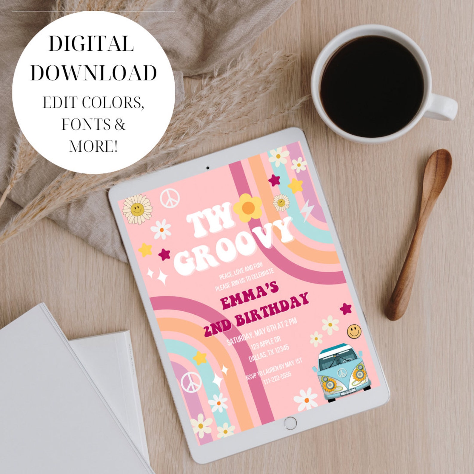 Two Groovy Invitation, Hippie Birthday Invitation, Instant Download ...