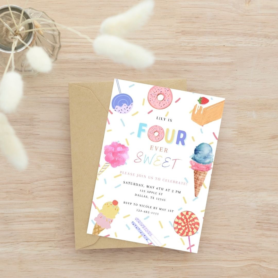 Four Ever Sweet Birthday Invitation | Dessert Invite | 4th Birthday ...