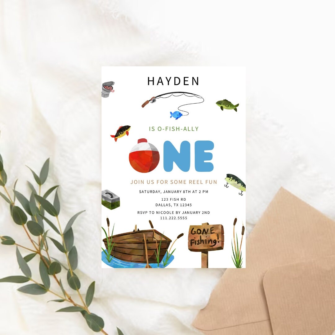 Editable O-fish-ally One Birthday Invitation | Fishing Invitation ...
