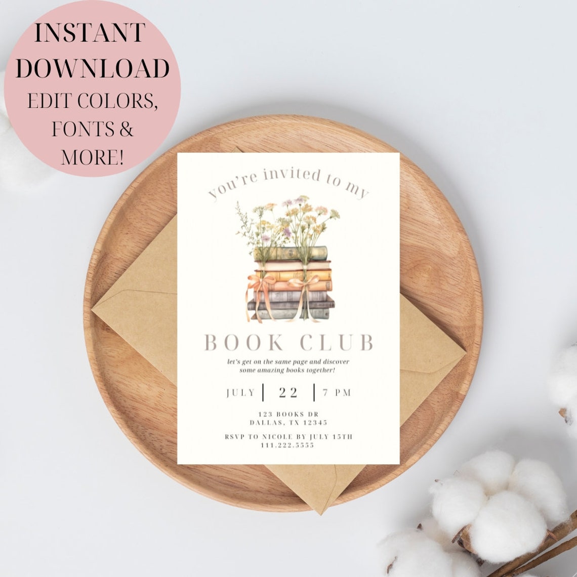 Book Club Editable Invitation Youre Invited to My Book Club Invite ...
