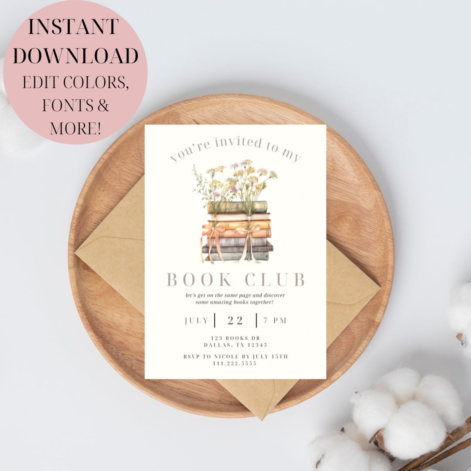 Book Club Editable Invitation | You’re Invited to My Book Club Invite ...