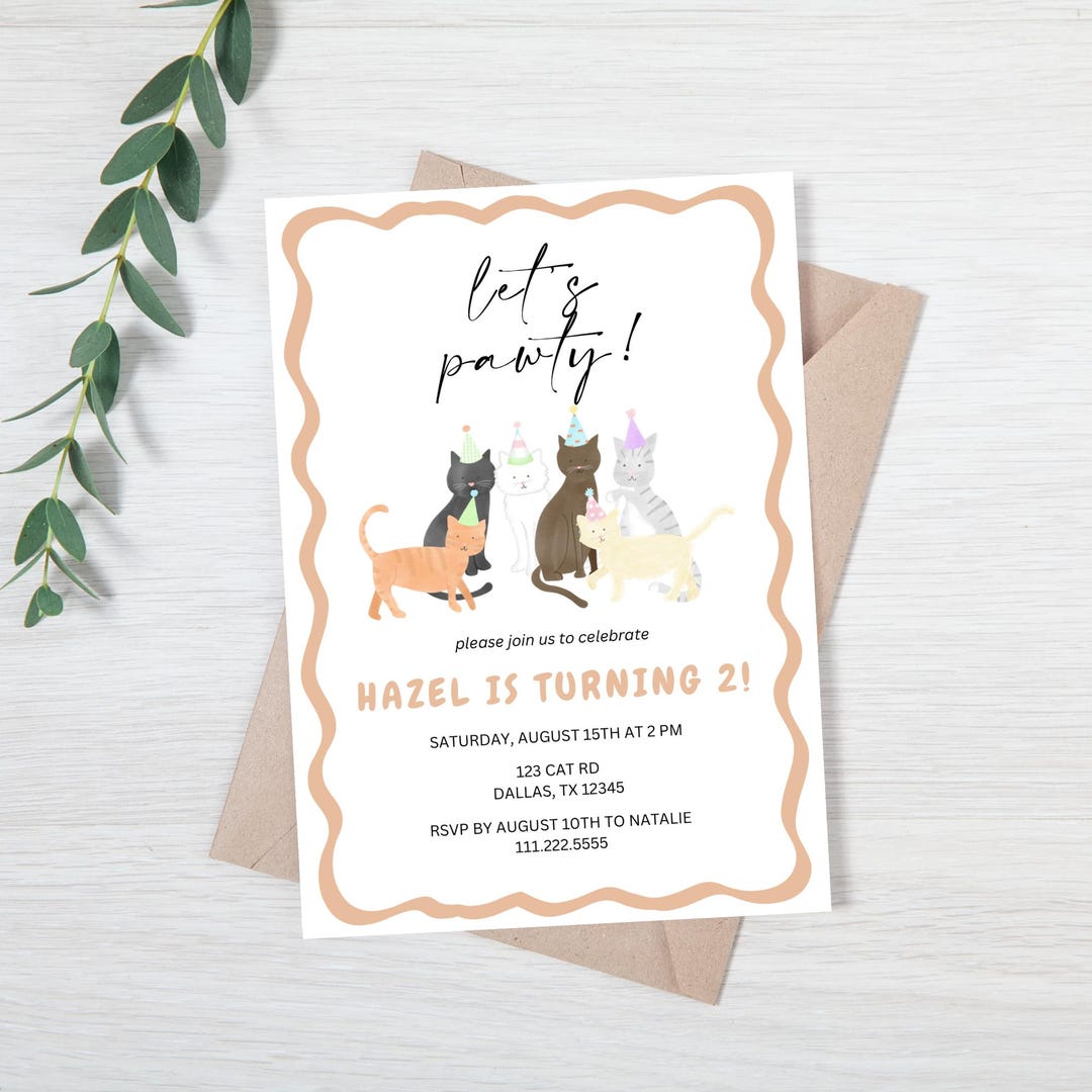 Cat Themed Birthday Invitation | Editable Brown Cat Theme Party ...