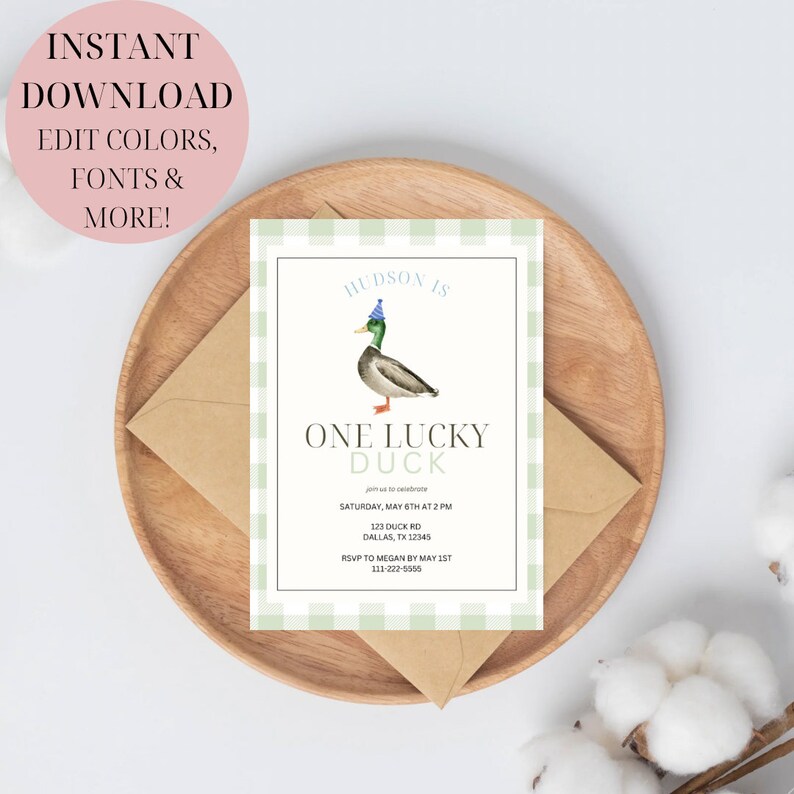One Lucky Duck Editable Birthday Invitation | One Lucky Duck First ...