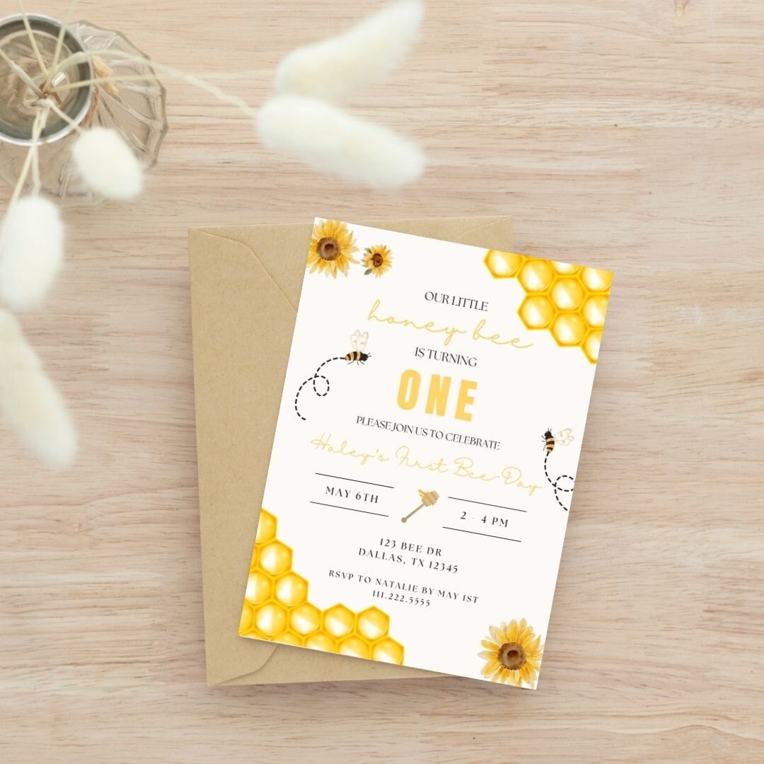 Bee First Birthday Invitation, First Bee Day Party Invitation, Honey ...