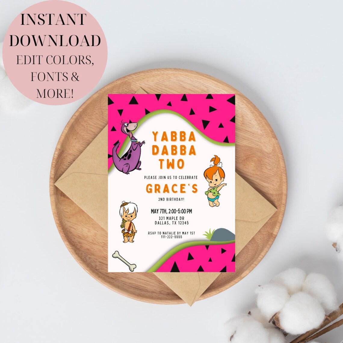Yabba Dabba Two Editable Birthday Invitation Digital Download Pink ...