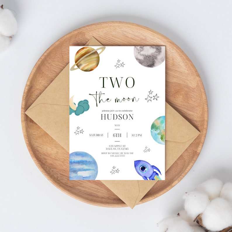 Two the Moon Invitation, Outer Space, 2nd Birthday Invite, Galaxy ...