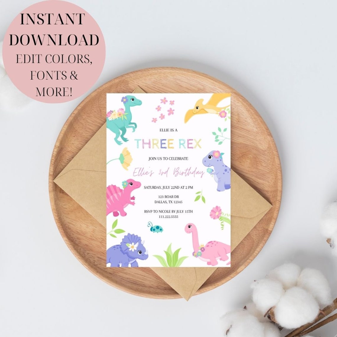 Girl Dinosaur Birthday Invitation | Girl Three Rex Invitation | Pastel ...