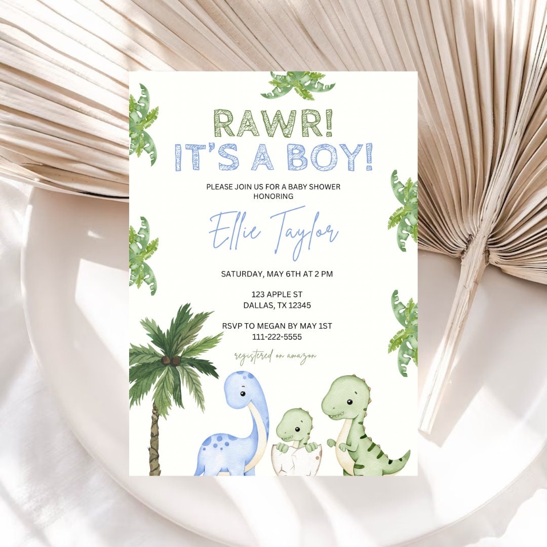 Editable Dinosaur Baby Shower Invitation Rawr Its A Boy Baby Shower ...