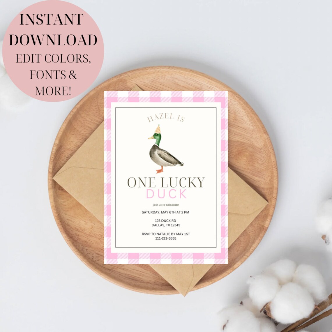 Pink One Lucky Duck Editable Birthday Invitation Girl One Lucky Duck ...