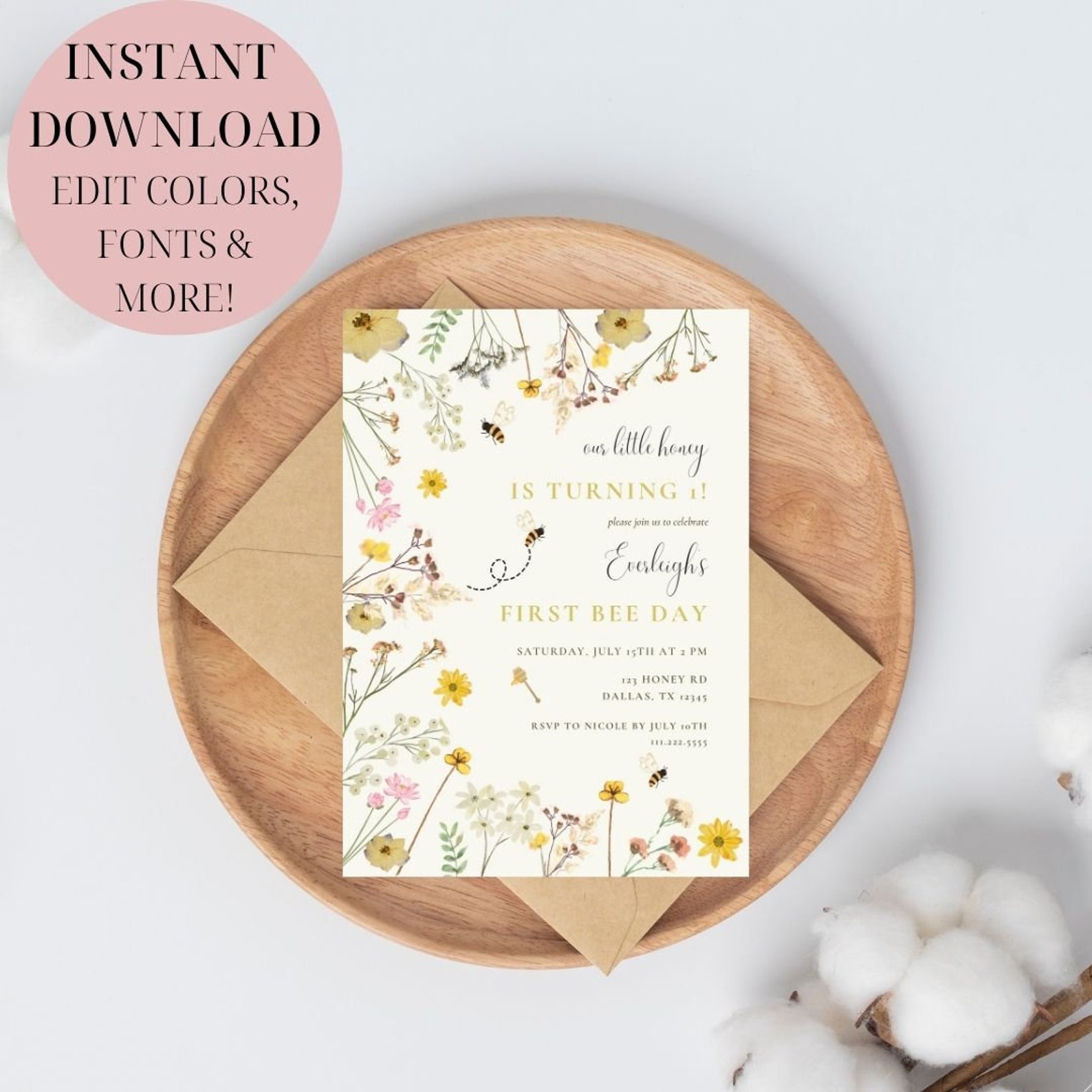 Editable First Bee Day Invitation Bee First Birthday - Etsy
