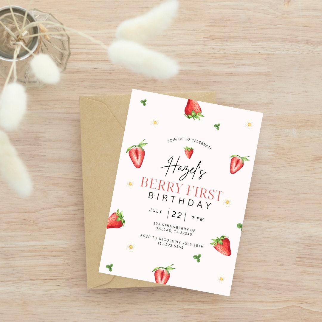 Berry First Birthday Invitation | Editable Strawberry 1st Birthday ...