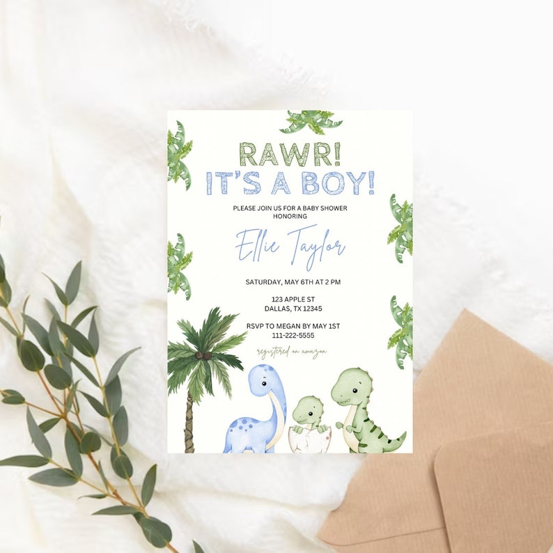 Editable Dinosaur Baby Shower Invitation Rawr Its A Boy Baby Shower ...