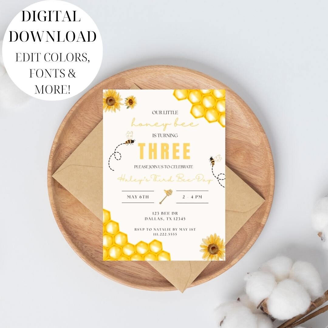 Bee Third Birthday Invitation, Third Bee Day Party Invitation, Honey ...