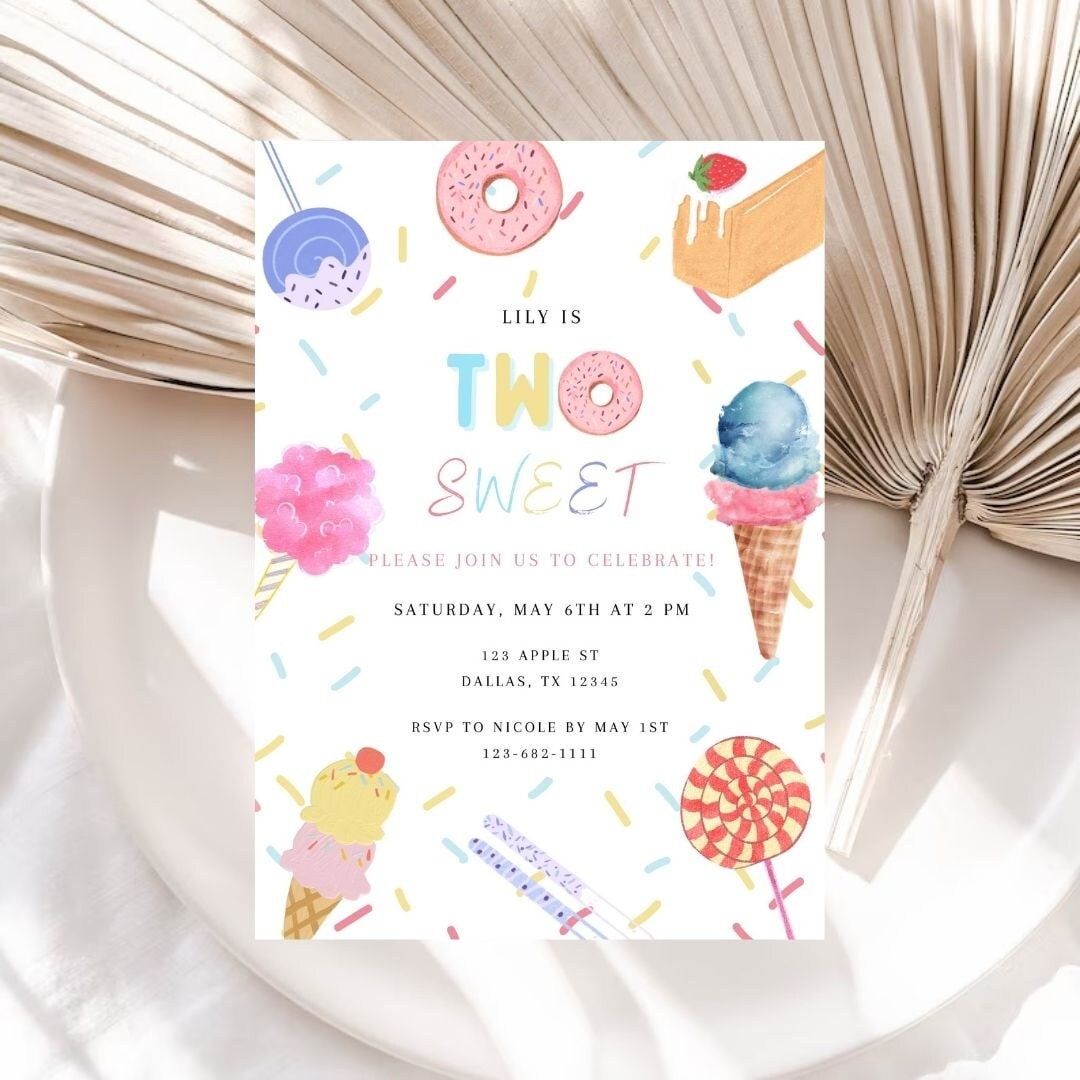 Editable Two Sweet Birthday Invitation Dessert Invite Pink Yellow ...