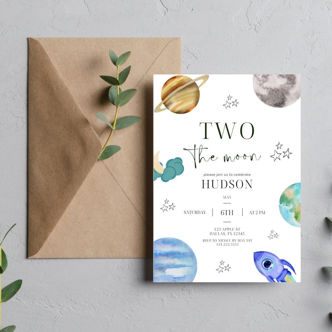 Two the Moon Invitation, Outer Space, 2nd Birthday Invite, Galaxy ...