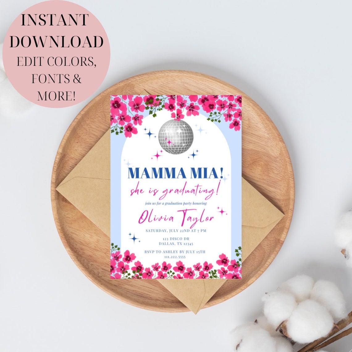 Editable Mamma Mia Graduation Party Invitation | Mamma Mia Disco ...
