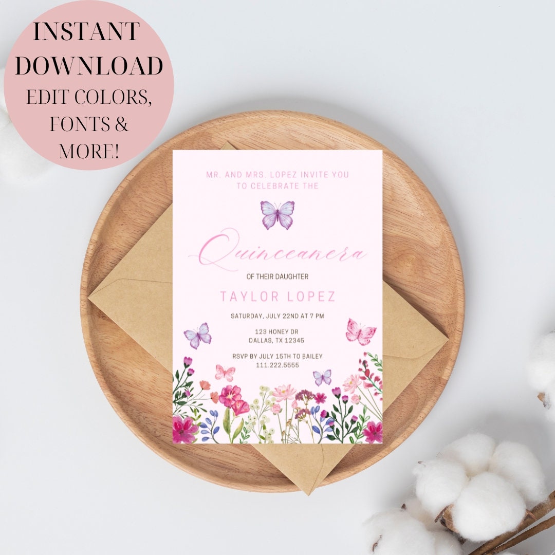 Butterfly Quinceañera Editable Invitation Pastel Butterfly Quince ...