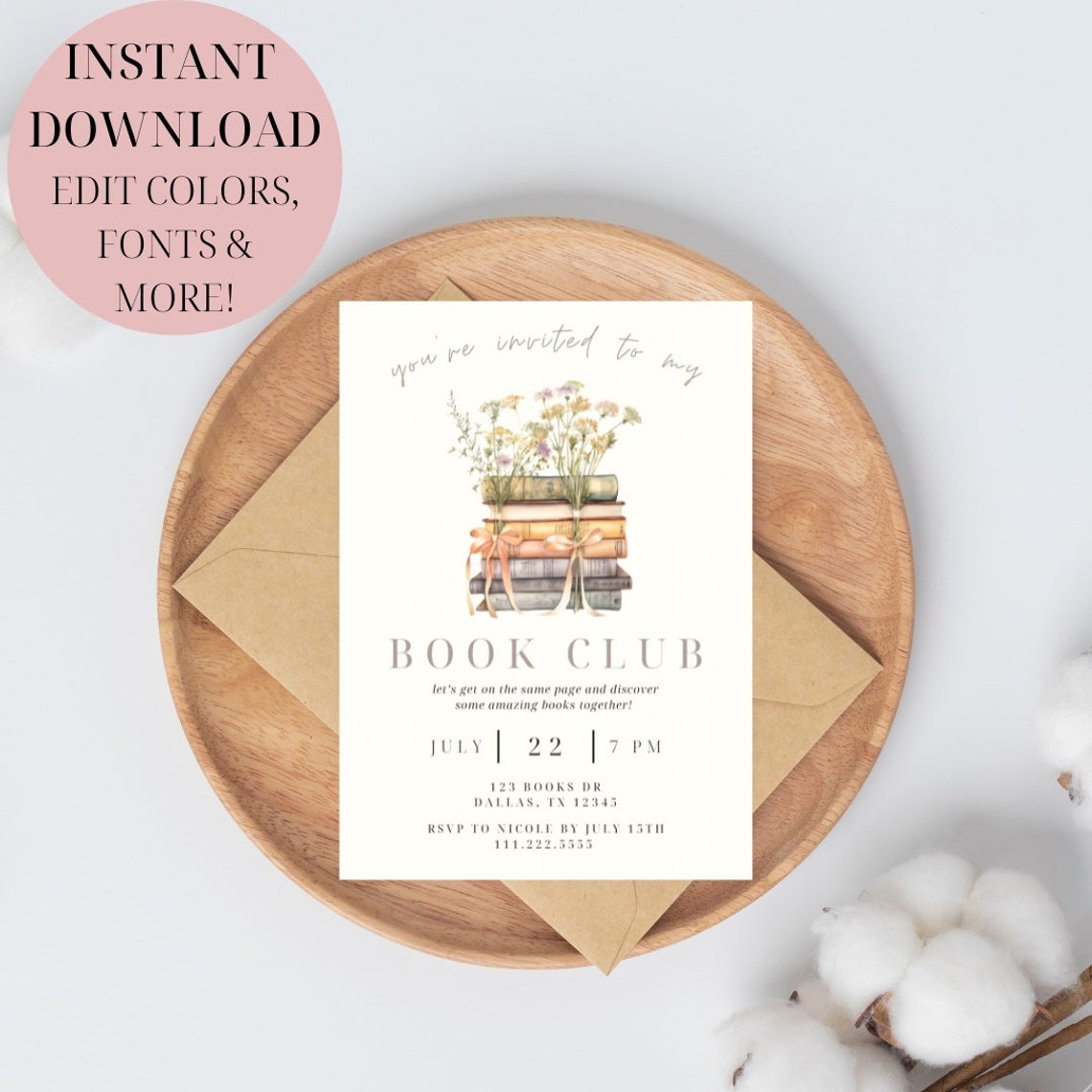 Book Club Editable Invitation | You’re Invited to My Book Club Invite ...