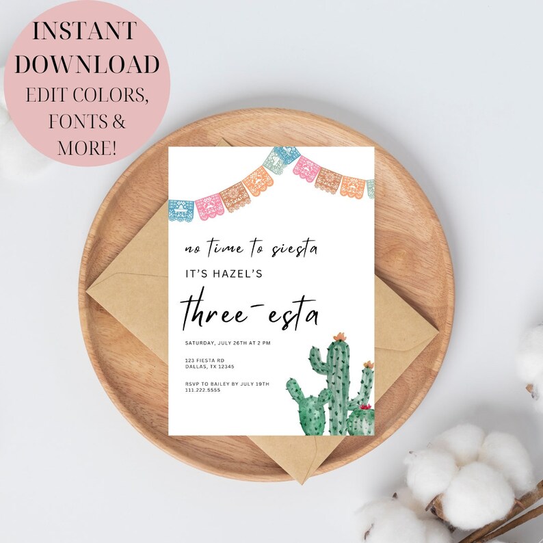 Three-esta Birthday Invitation | Editable Fiesta Birthday Invitation ...
