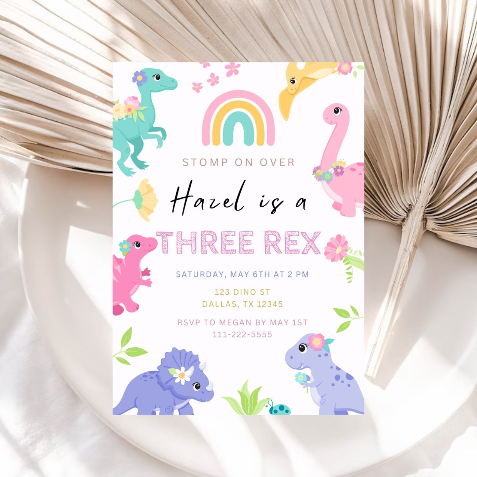 Editable Girl Dinosaur Birthday Invitation | Girl Three Rex Invitation ...