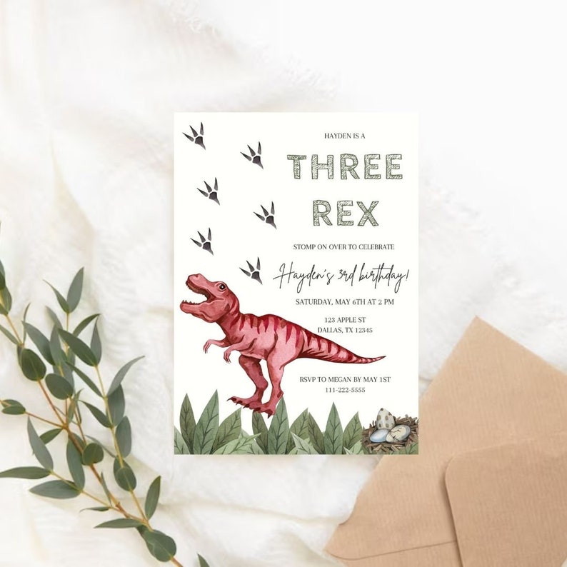 Three-rex Invitation, Editable Dinosaur Birthday Invite, Three Rex ...