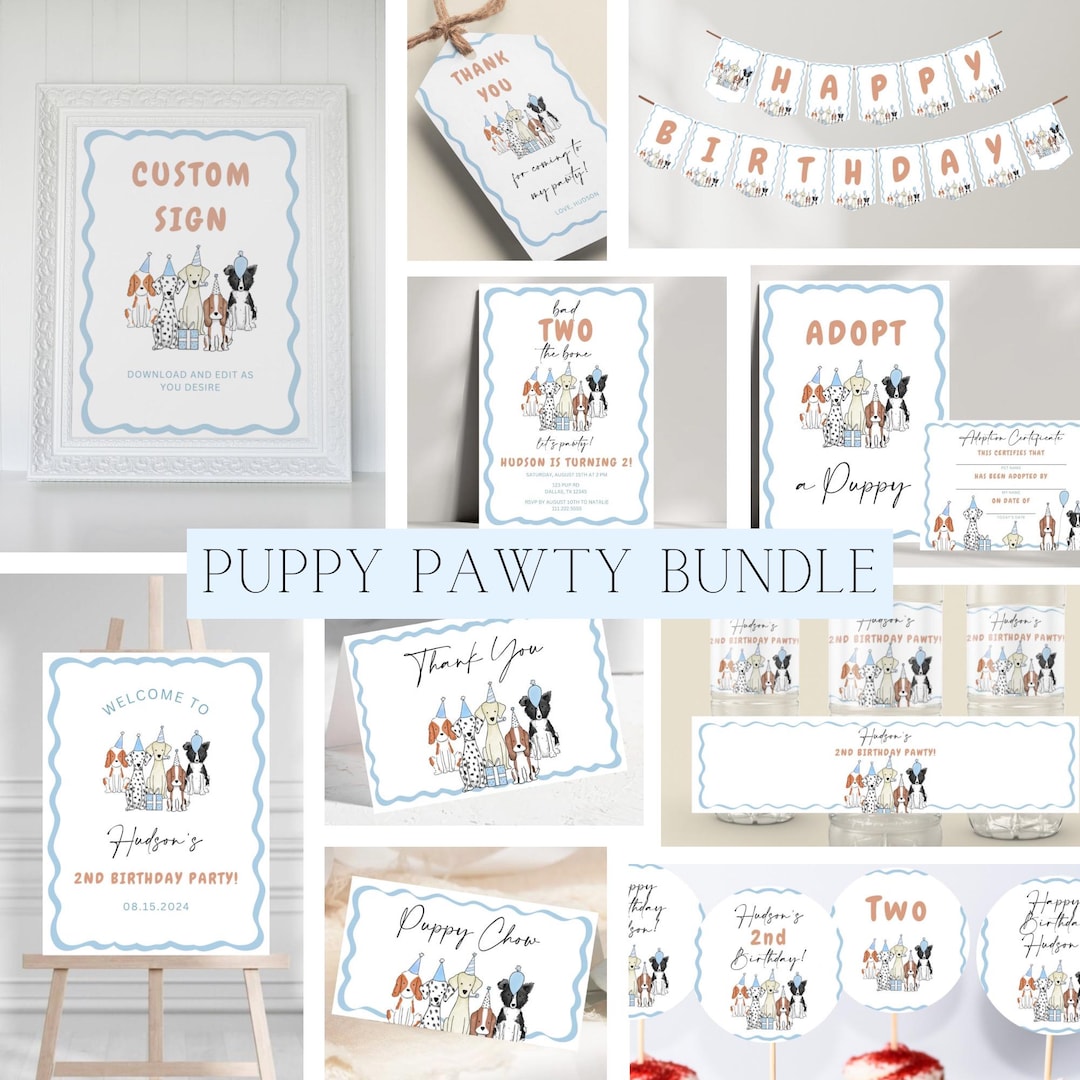 Dog Theme Birthday Party Bundle | Editable Puppy Pawty Template Bundle ...