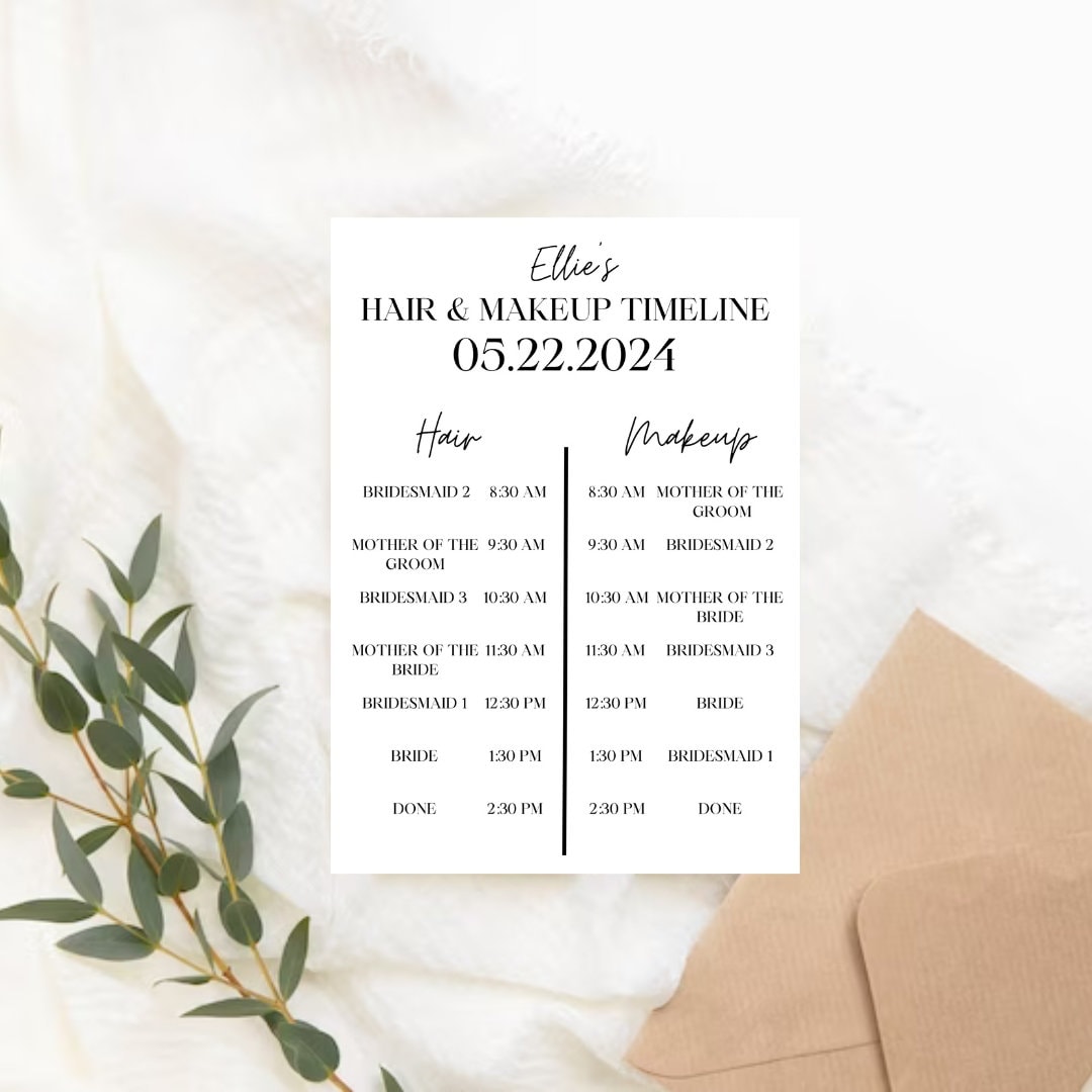Wedding Hair and Makeup Timeline Template | Minimalist Bridal Party ...