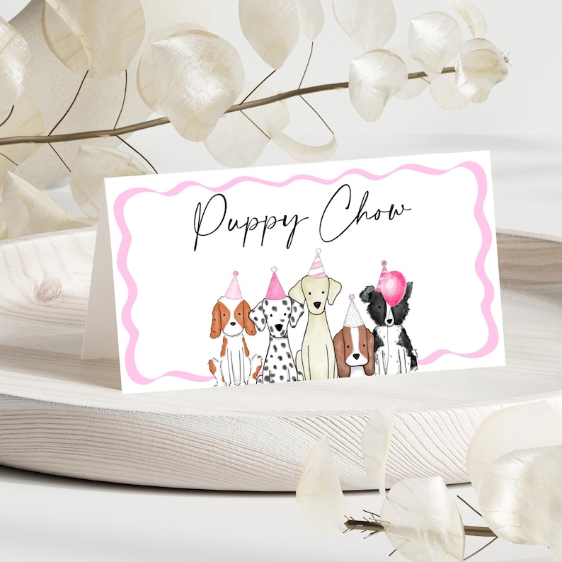 Girl Puppy Pawty Food Tent Label | Editable Pink Dog Theme Party Food ...