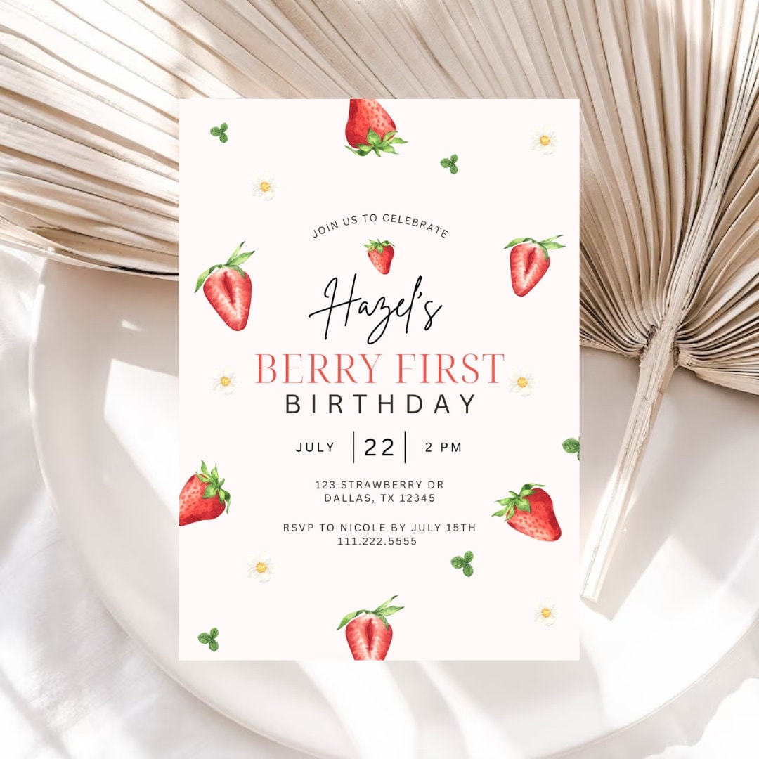 Berry First Birthday Invitation | Editable Strawberry 1st Birthday ...