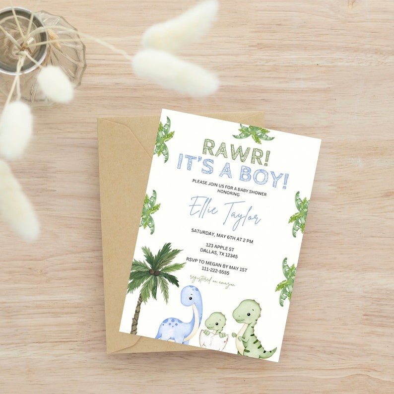 Editable Dinosaur Baby Shower Invitation Rawr Its A Boy Baby Shower ...