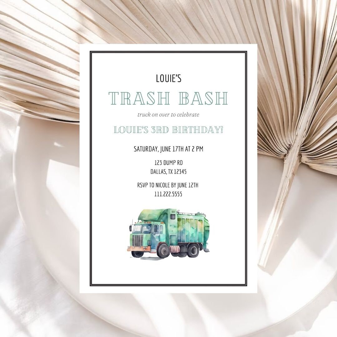 Garbage Truck Birthday Invitation | Trash Truck Editable Template ...