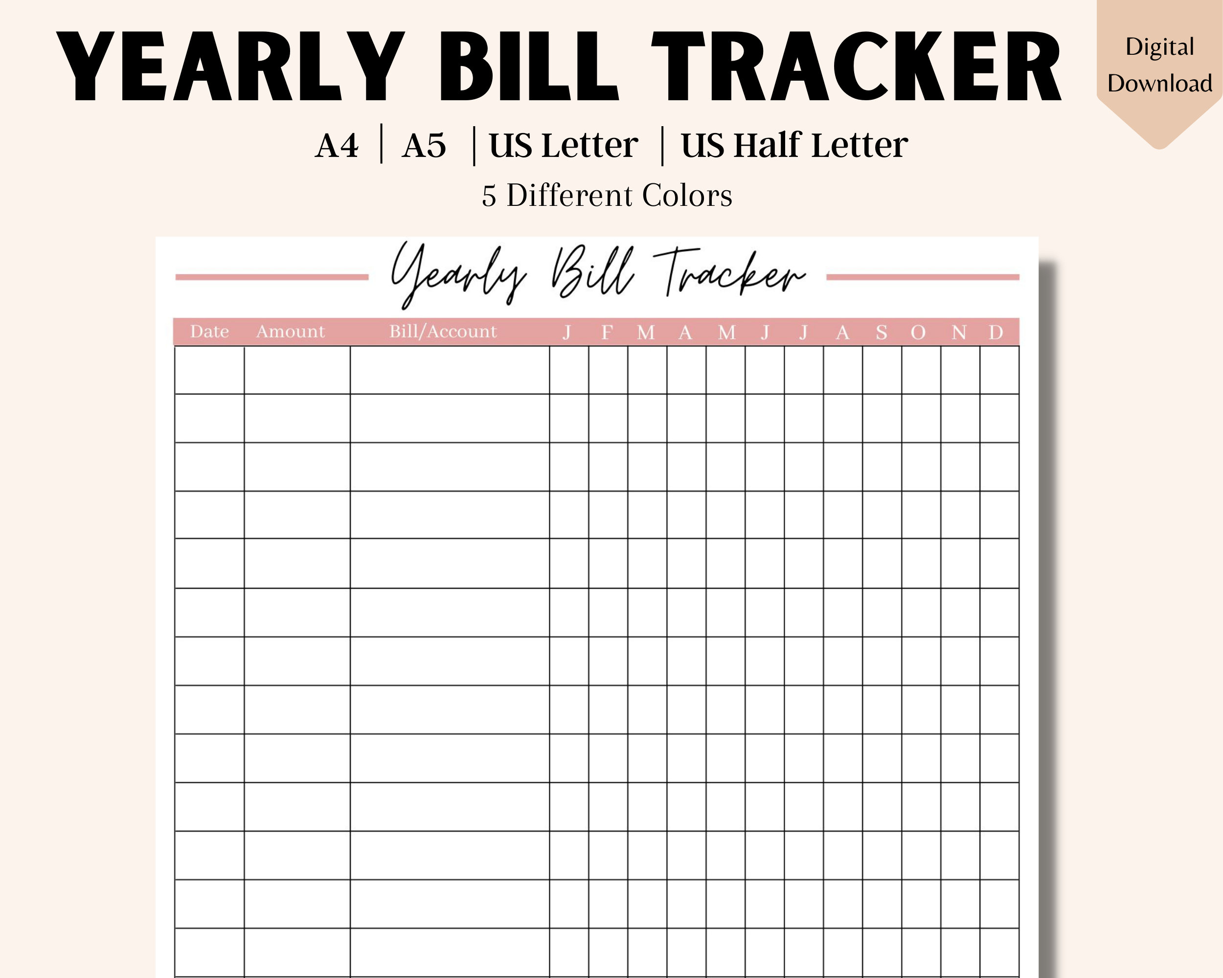 Yearly Bill Tracker for Optimal Payment Organization, PDF File, Multi ...
