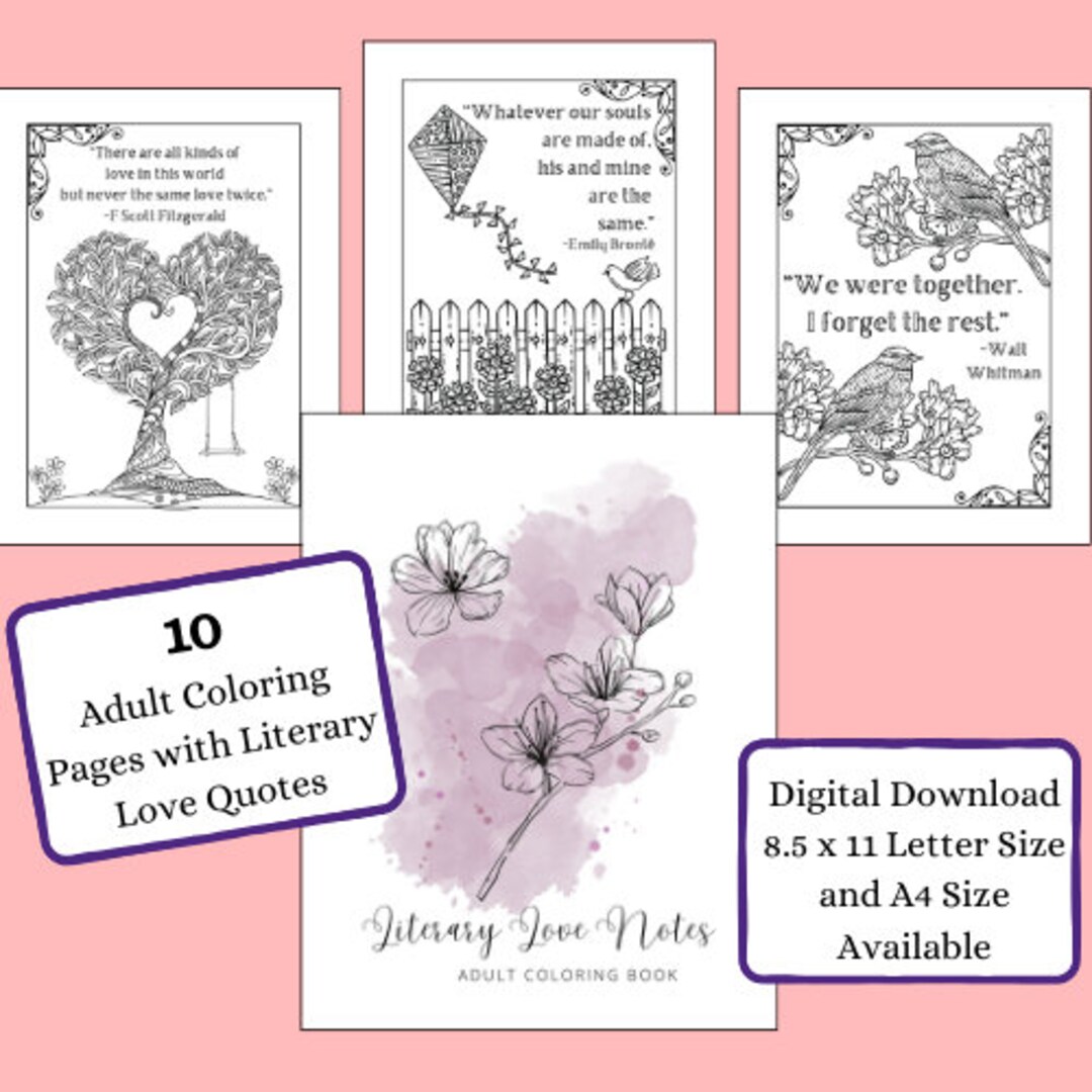 Literary Love Notes Adult Coloring Pages | 10 Pages Classic Lit Quotes ...