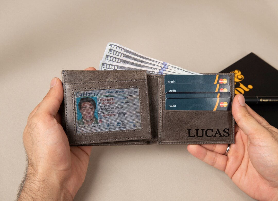 Handmade Leather Wallet With ID Window, Personalized Christmas Gift Dad ...