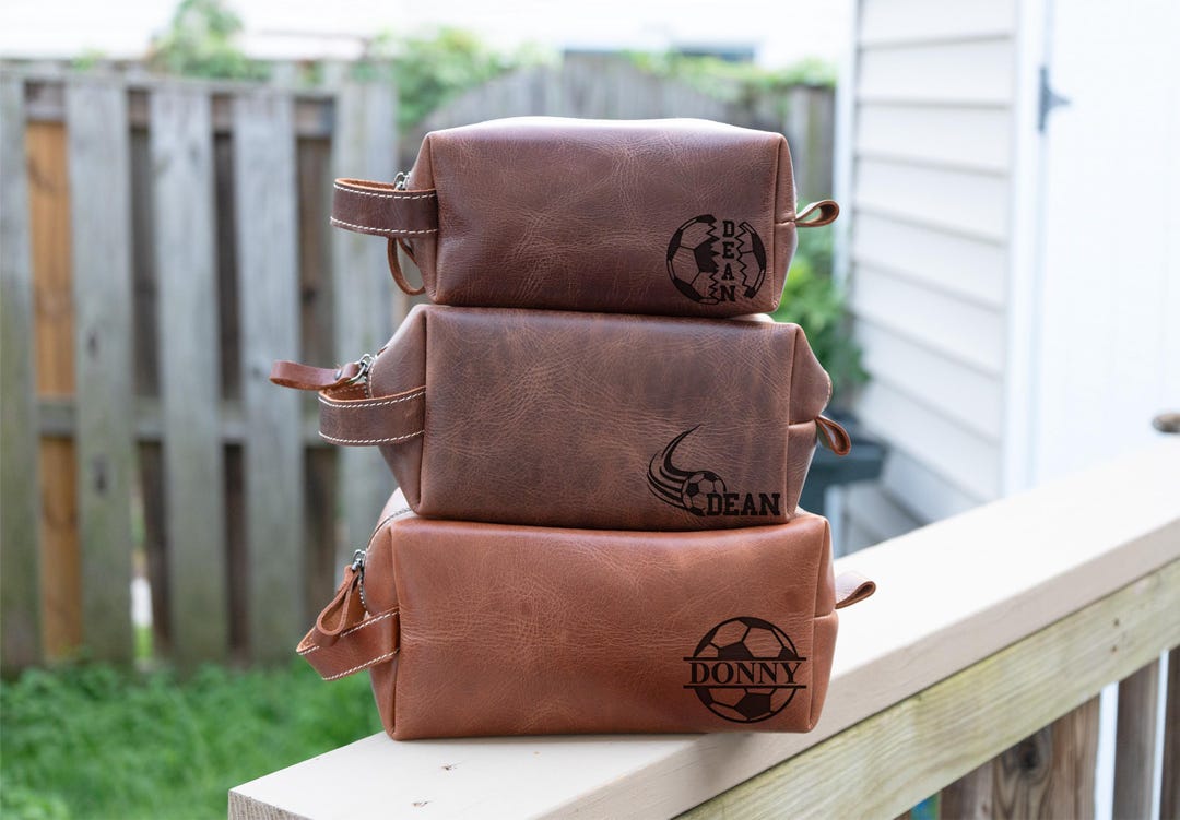 Soccer Dopp Kit, Personalized Leather Toiletry Bag for Soccer Player ...