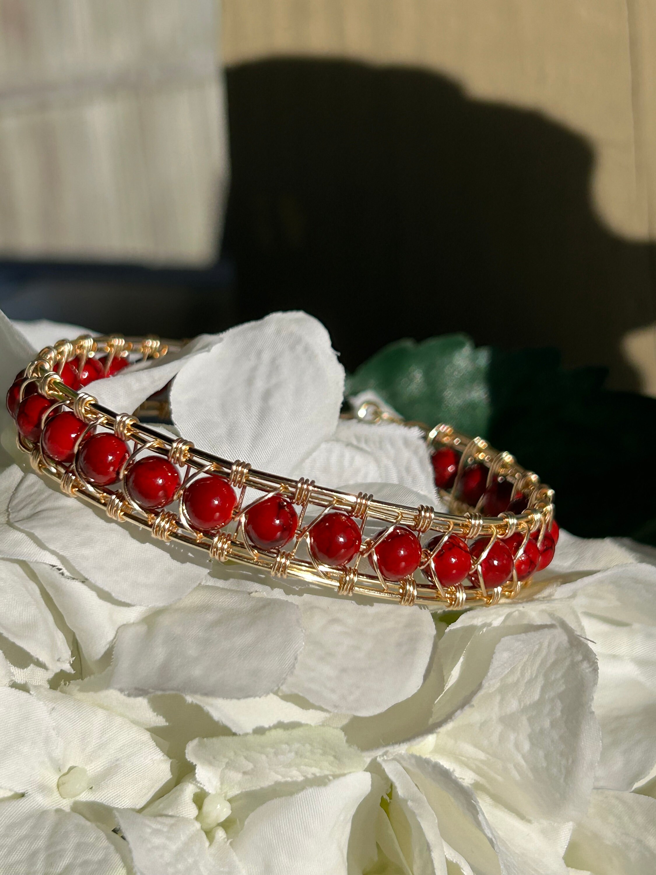 Stackable 6mm Boho Red Howlite Gemstone Wirework Bangle Bracelet - Etsy