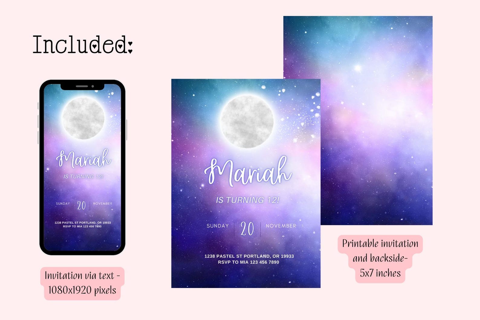Editable Nebula Moon Galaxy Instant Download Birthday Invitation ...