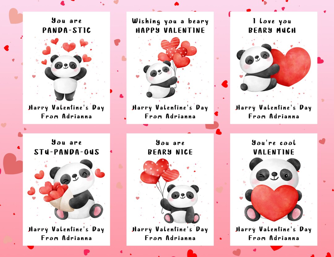 Editable Panda Valentine Instant Download School Kids Hearts Valentine ...