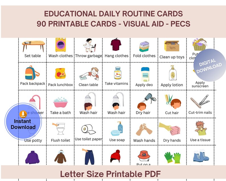 ADHD - ASD - Pictures Cards - Educational Daily Routine - 90 Printable ...