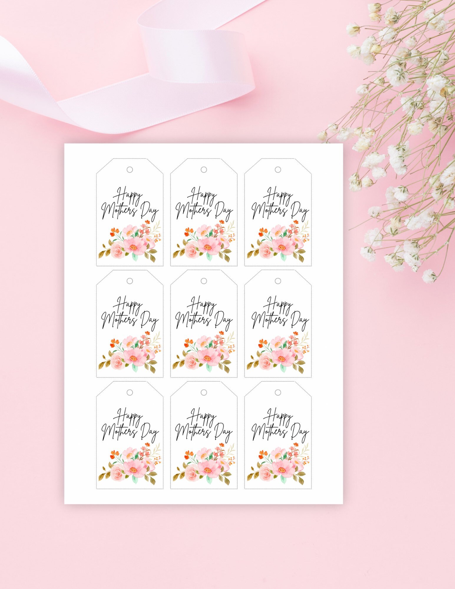 Happy Mothers Day Pink Floral Gift Tag, Sentimental Flower Favor Label ...