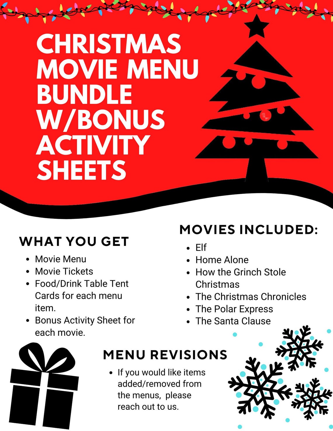 6 Christmas Movie Menus, Activity Sheets, Tickets, Table Tents ...
