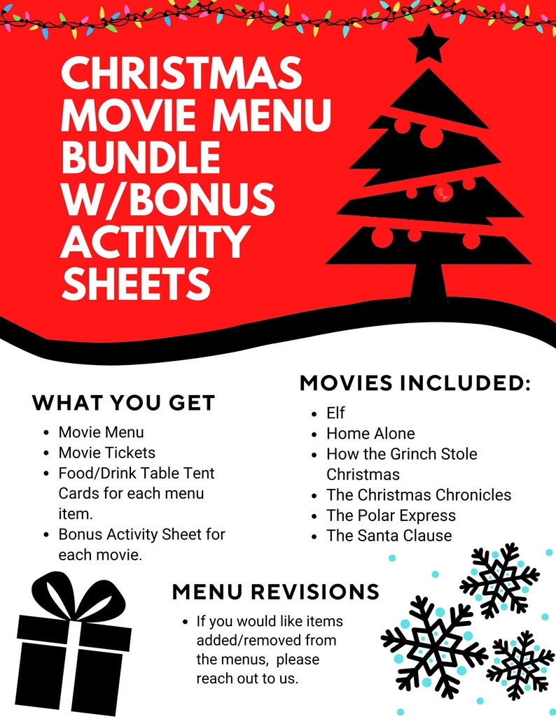 6 Christmas Movie Menus, Activity Sheets, Tickets, Table Tents ...
