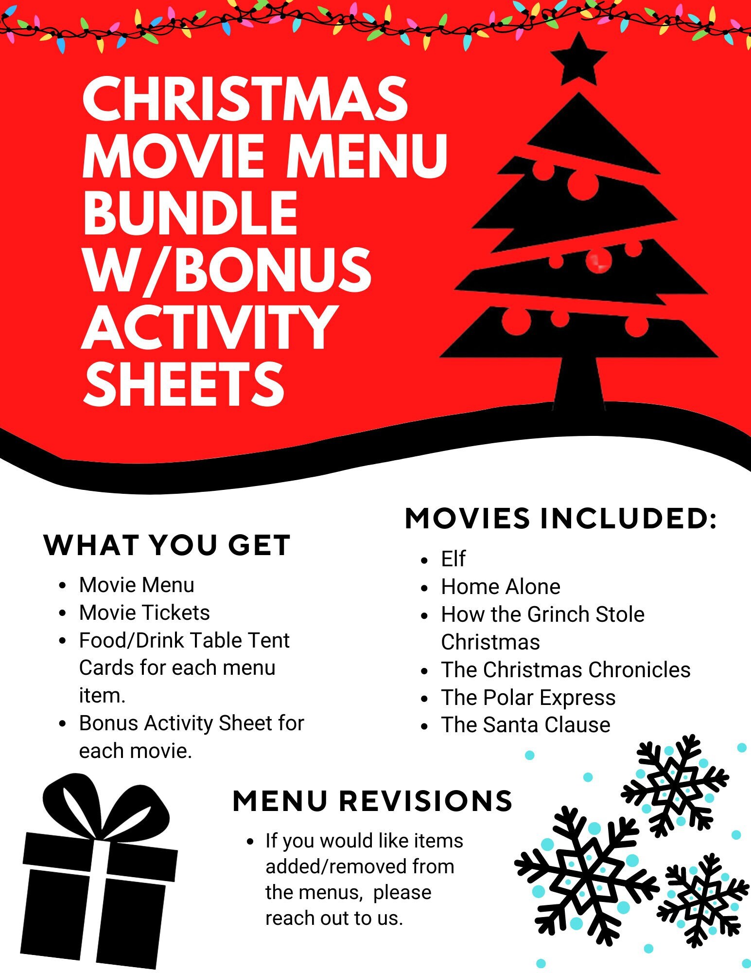6 Christmas Movie Menus, Activity Sheets, Tickets, Table Tents ...