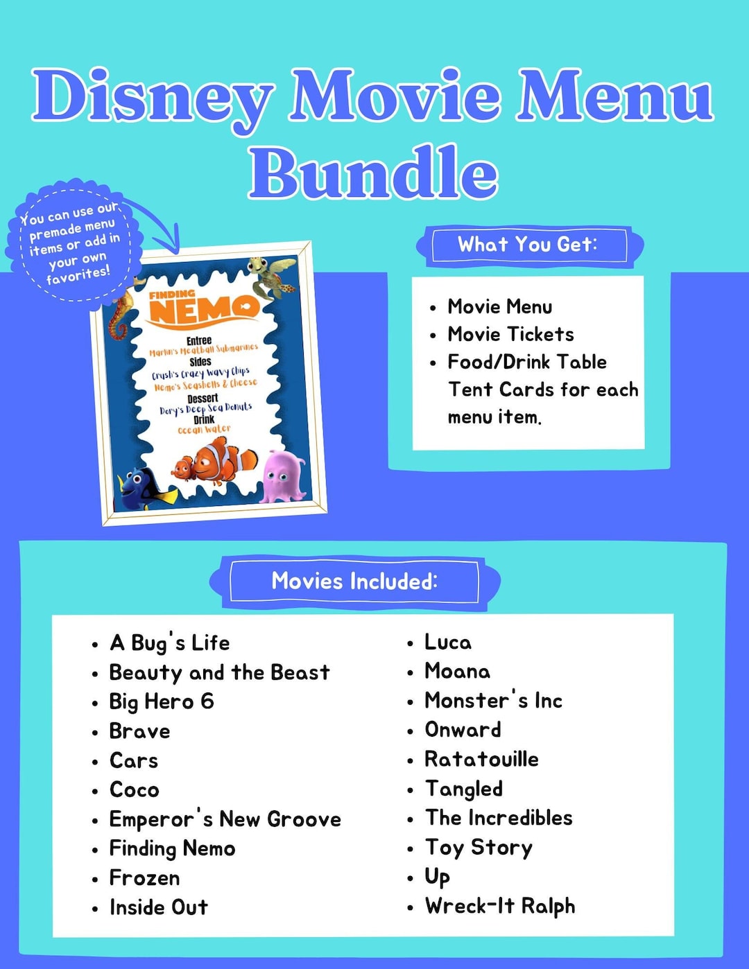 20 Disney Movie Menus, Movie Tickets, Table Tents - Movie Birthday ...