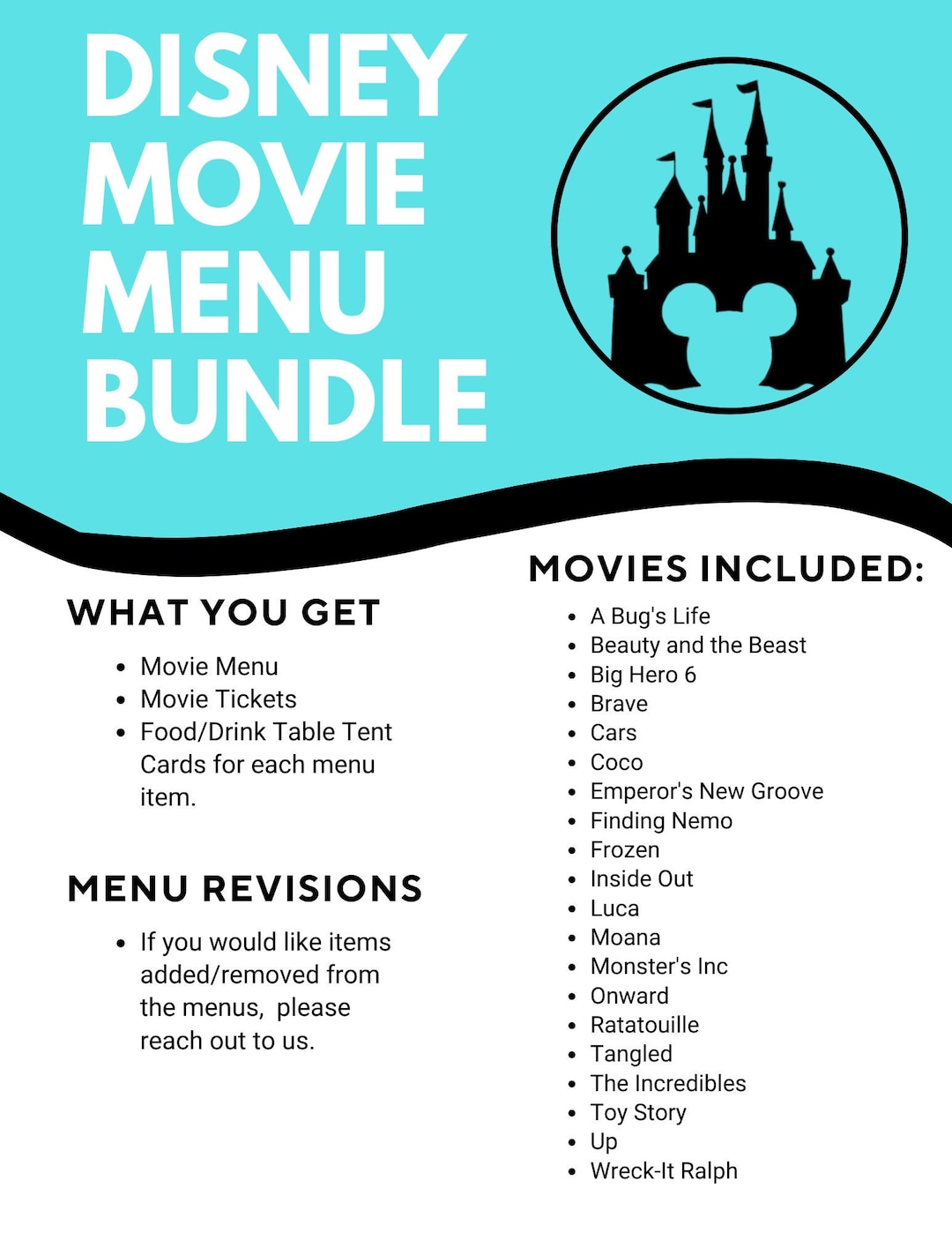 20 Disney Movie Menus, Movie Tickets, Table Tents Movie Birthday Party ...