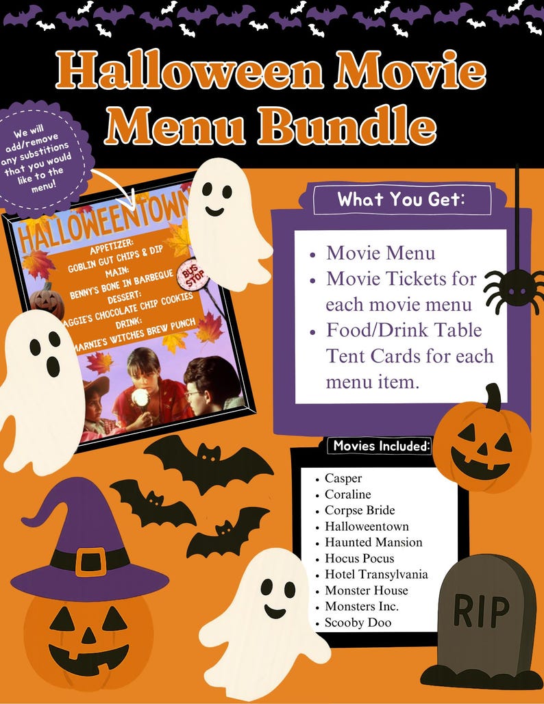 10 Halloween Movie Menus, Activity Sheets, Tickets, Table Tents ...