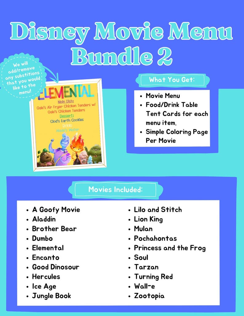 20 Disney Movie Menus, Coloring Pages, Table Tents - Movie Birthday ...