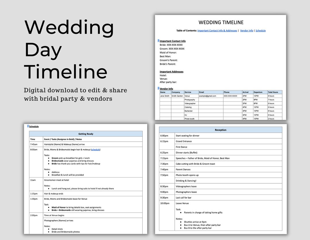 Wedding Day Template, Bridal Party Schedule, Wedding Day-of Itinerary ...