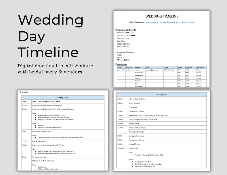 Wedding Day Template, Bridal Party Schedule, Wedding Day-of Itinerary ...