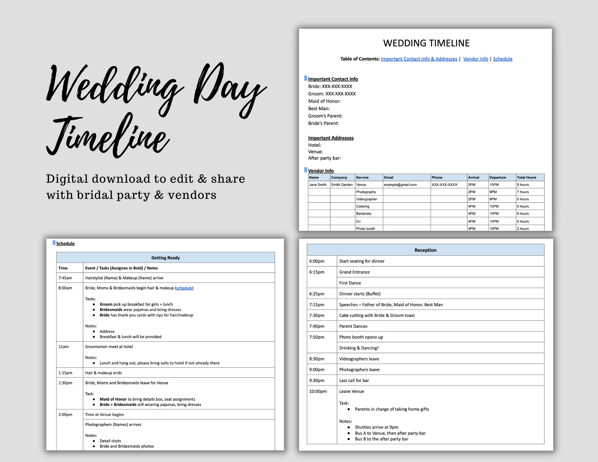 Wedding Day Template Bridal Party Schedule Wedding Day-of - Etsy